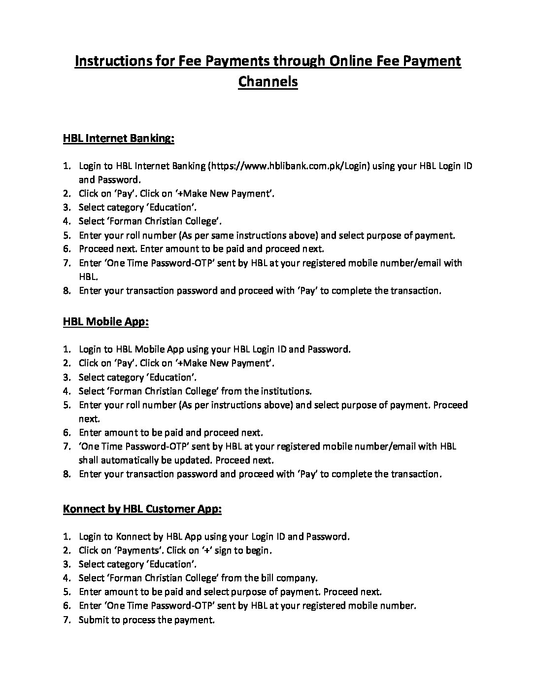 Payment Instructions - ADC - Forman Christian College