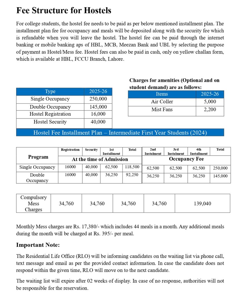 Fee Structure for Hostels (2025-26)_page-0001 - Forman Christian College